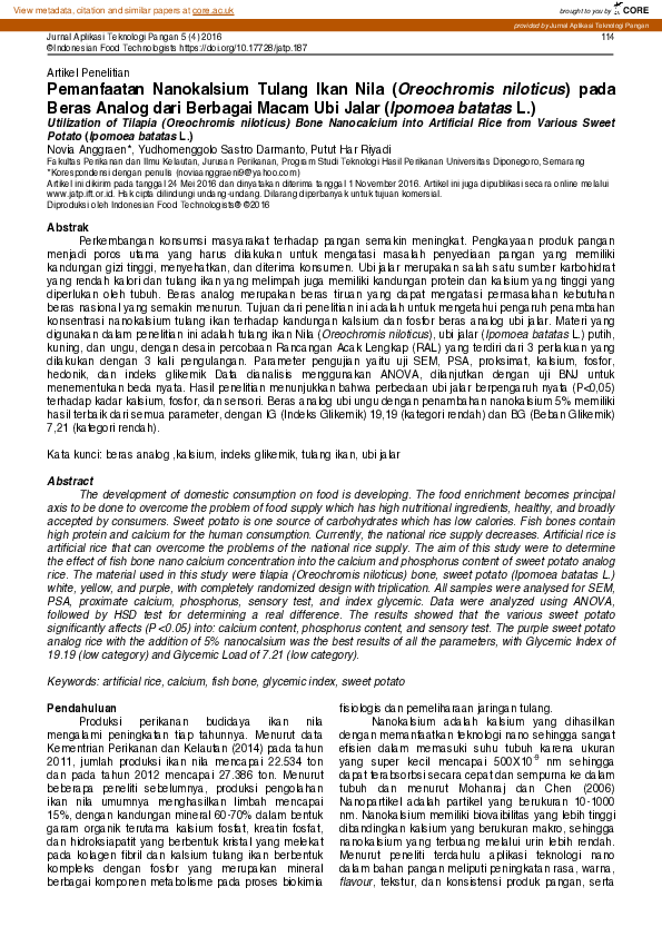 Pdf Pemanfaatan Nanokalsium Tulang Ikan Nila Oreochromis Niloticus