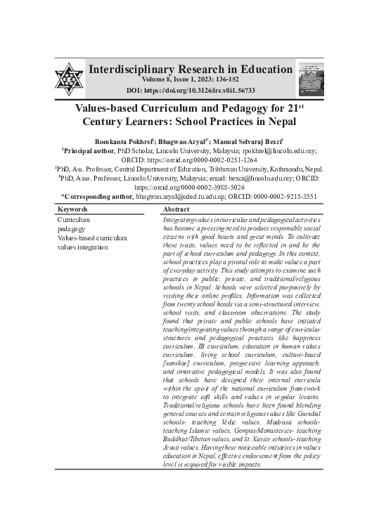 (PDF) Values-based Curriculum and Pedagogy for 21 st Century Learners ...