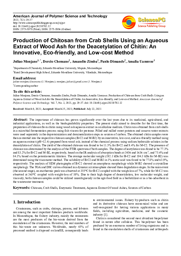(PDF) Production of Chitosan from Crab Shells Using an Aqueous Extract of Wood Ash for the ...