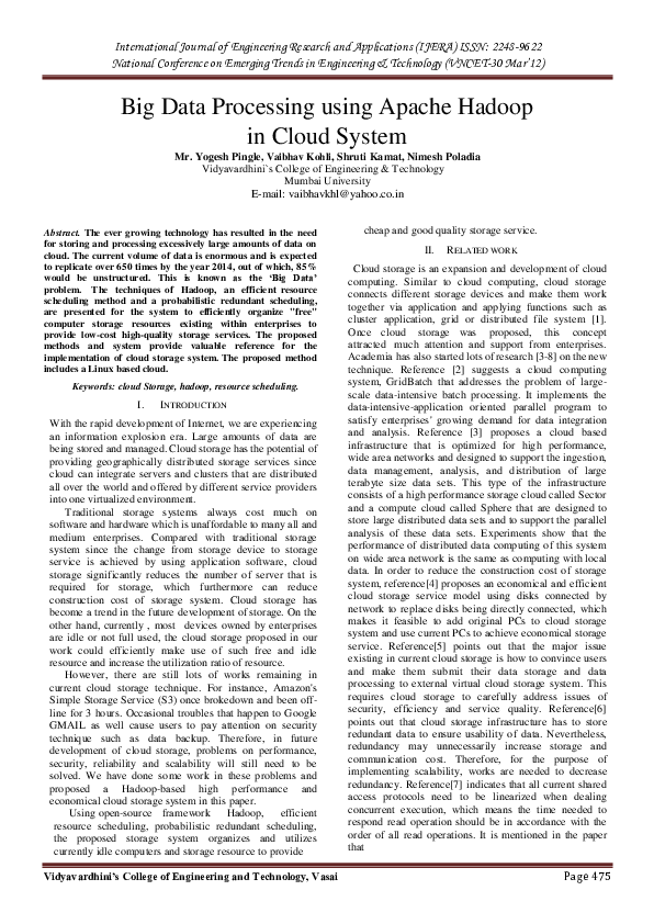 (PDF) Big Data Processing using Apache Hadoop in Cloud System | Yogesh ...