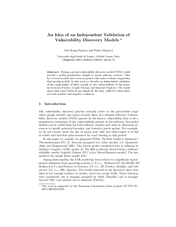 (PDF) An independent validation of vulnerability discovery models | Hùng An Nguyễn - Academia.edu