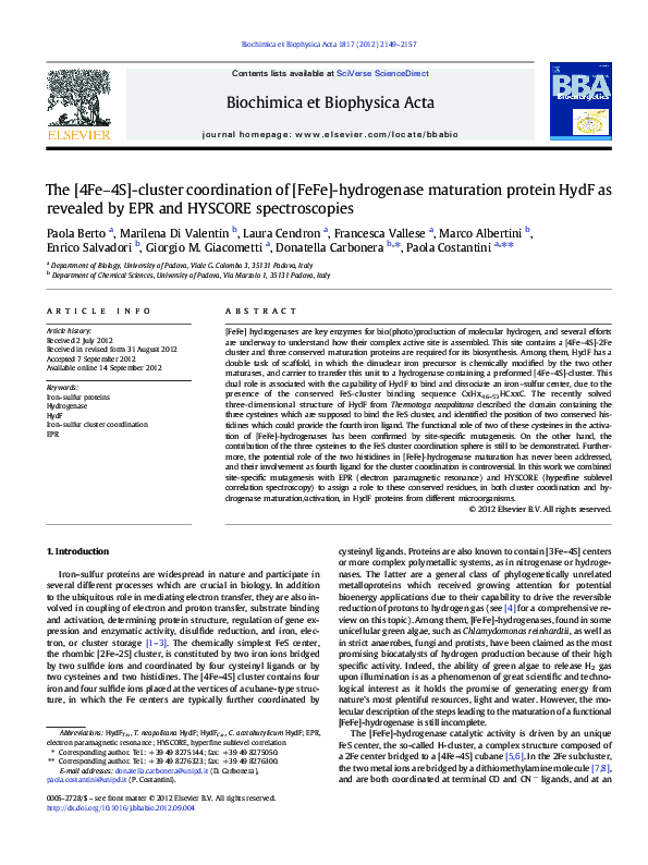 (PDF) The [4Fe–4S]-cluster coordination of [FeFe]-hydrogenase ...
