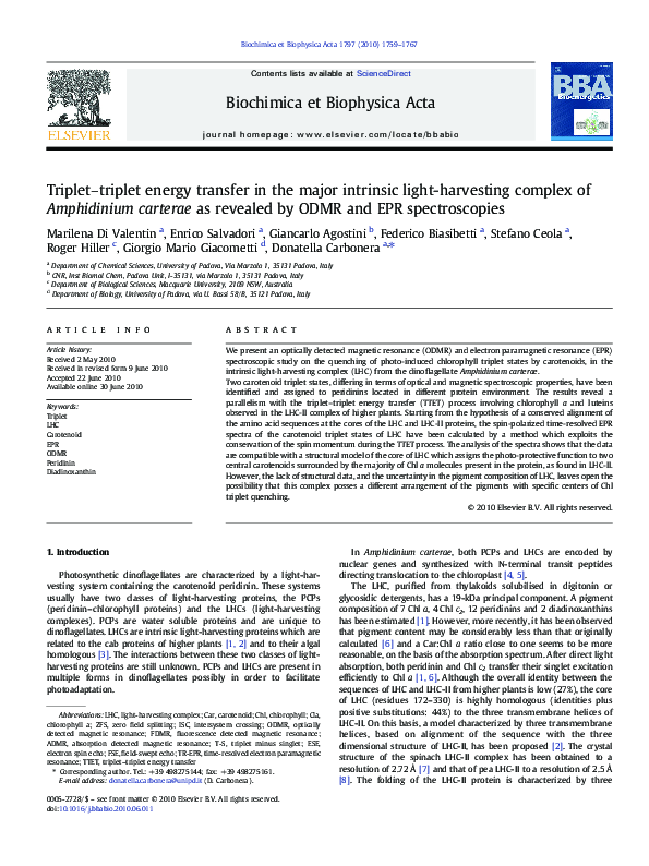 (PDF) Triplet–triplet energy transfer in the major intrinsic light ...