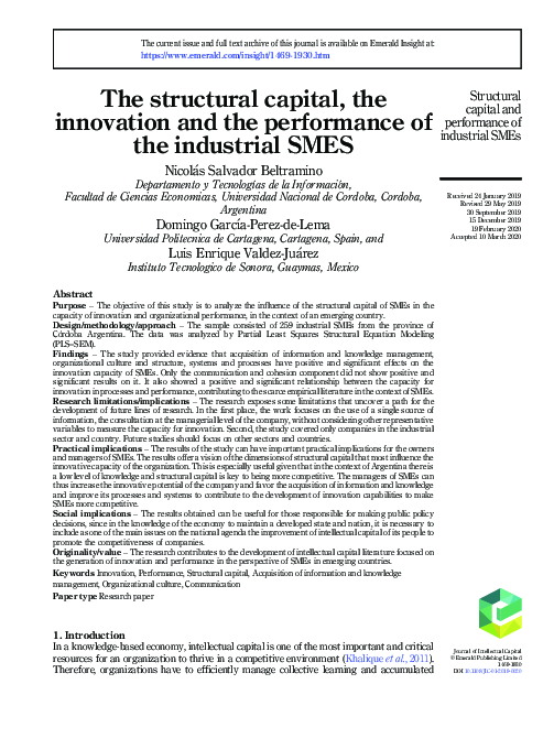 (PDF) The structural capital, the innovation and the performance of the industrial SMES