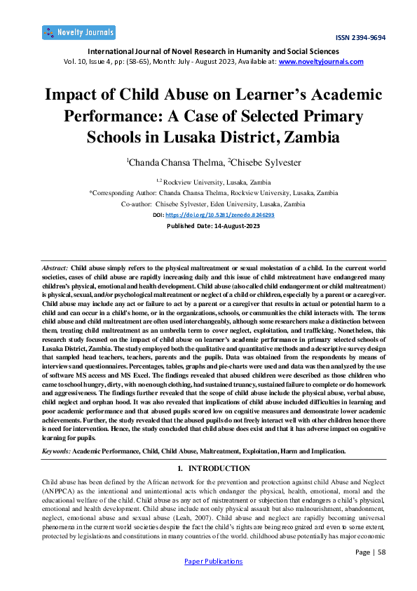 (PDF) Impact of Child Abuse on Learner's Academic Performance: A Case of Selected Primary ...