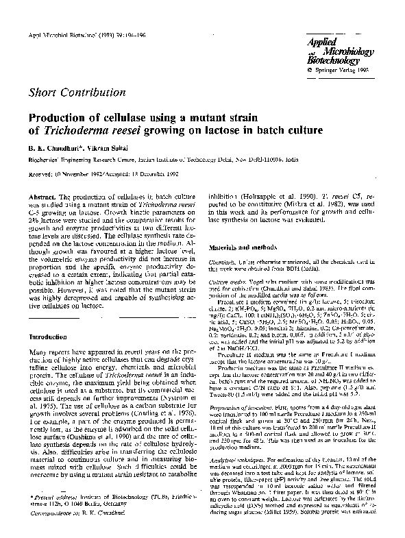 Pdf Production Of Cellulase Using A Mutant Strain Of Trichoderma Reesei Growing On Lactose In