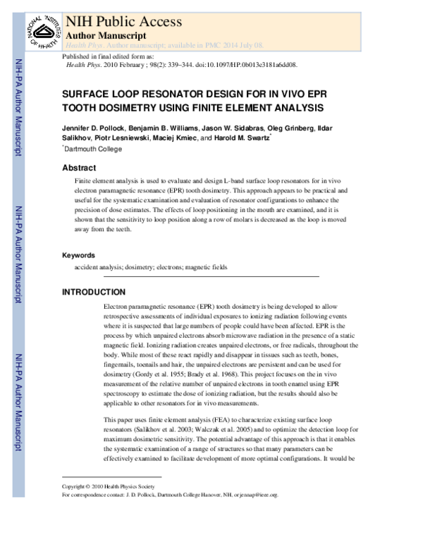 (PDF) Surface Loop Resonator Design for in Vivo Epr Tooth Dosimetry Using Finite Element Analysis