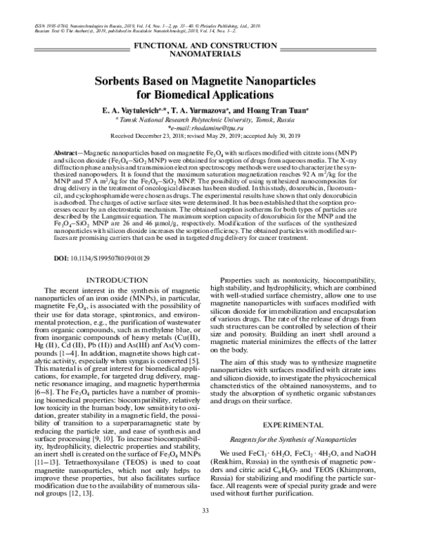 (PDF) Sorbents Based on Magnetite Nanoparticles for Biomedical Applications