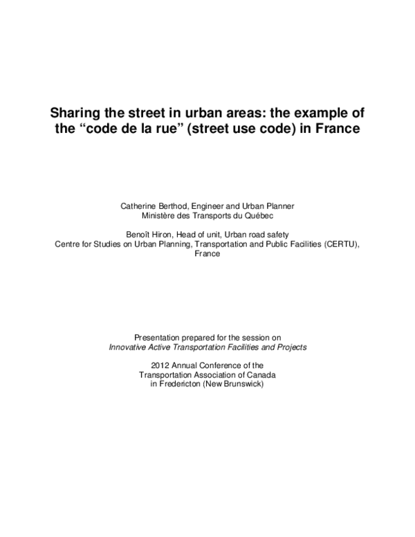 (PDF) Sharing the Street in Urban Areas: The Example of the 'Code de la ...