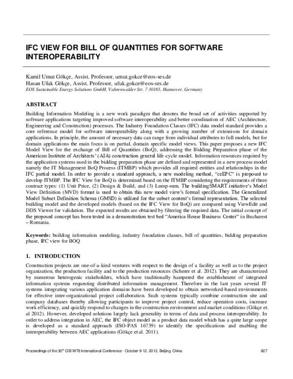 (PDF) IFC View for Bill of Quantities for Software Interoperability