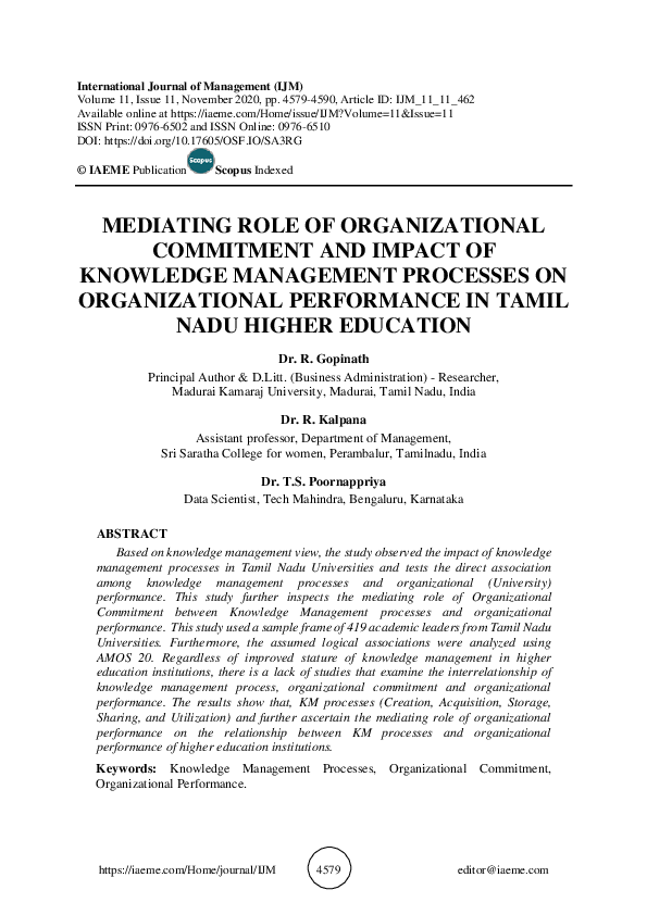 (PDF) Mediating Role of Organizational Commitment and Impact of Knowledge Management Processes ...