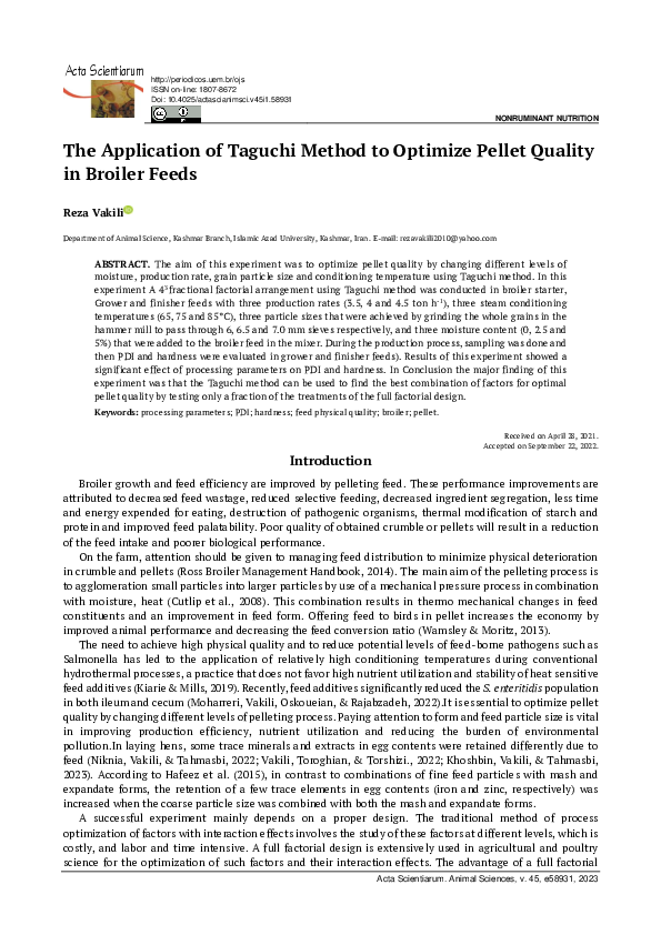 (PDF) The Application of Taguchi Method to Optimize Pellet Quality in Broiler Feeds