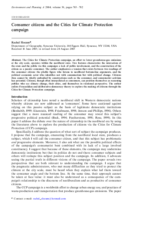 (PDF) Consumer Citizens and the Cities for Climate Protection Campaign