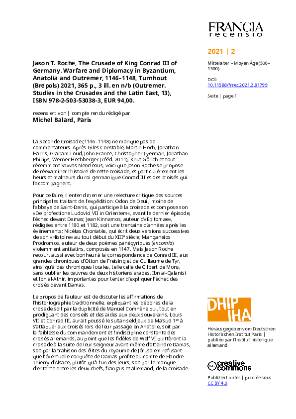 (PDF) Jason T. Roche, The Crusade of King Conrad III of Germany ...