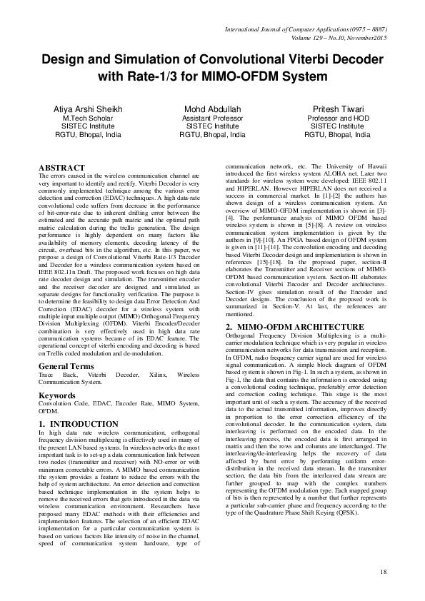 Pdf Design And Simulation Of Convolutional Viterbi Decoder With Rate 1 3 For Mimo Ofdm System