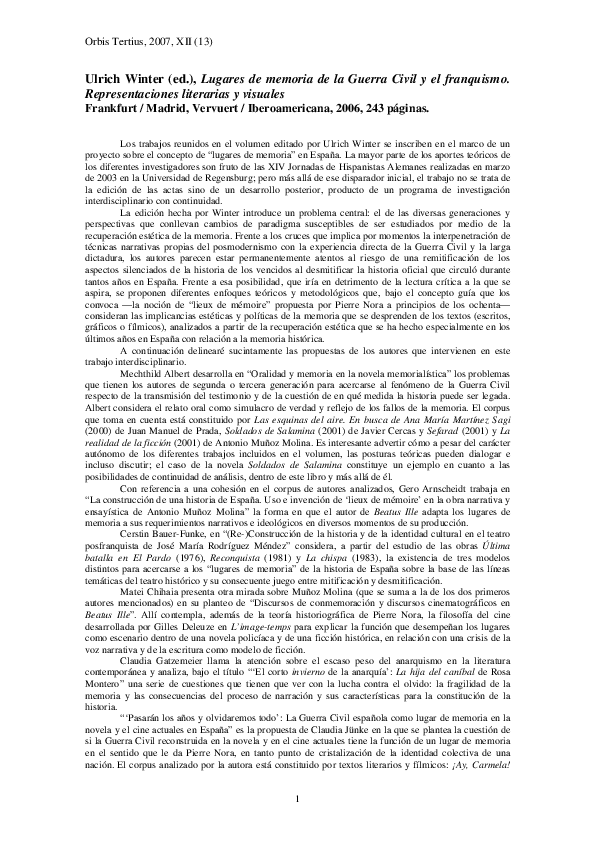 (PDF) Ulrich Winter (ed.), Lugares de memoria de la Guerra Civil y el ...