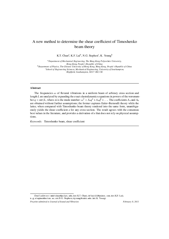 (PDF) A new method to determine the shear coefficient of Timoshenko ...