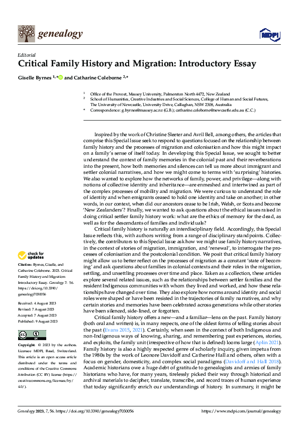 (PDF) Critical Family History and Migration: Introductory Essay | Giselle M Byrnes - Academia.edu