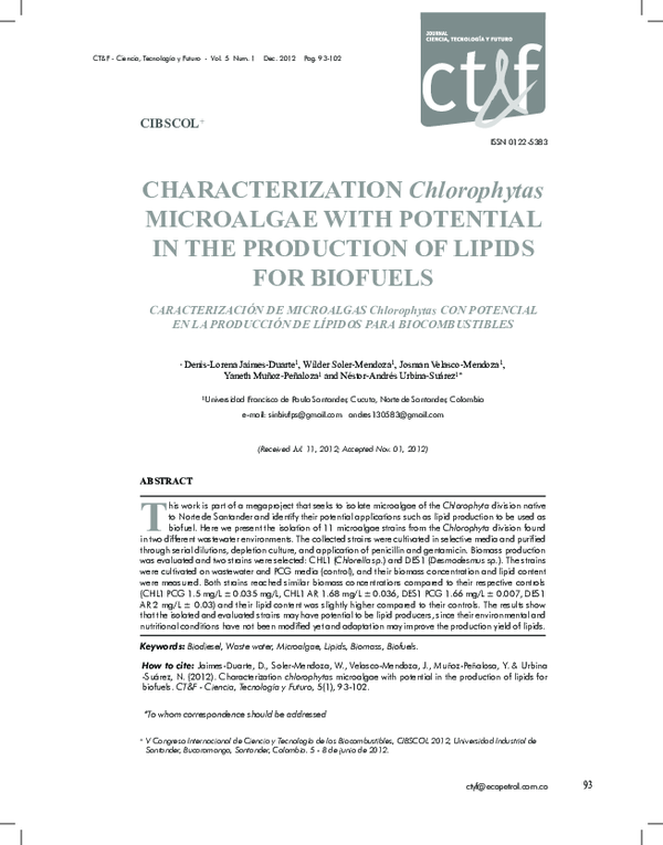 (PDF) Characterization Chlorophytas microalgae with potential in the production of lipids for ...