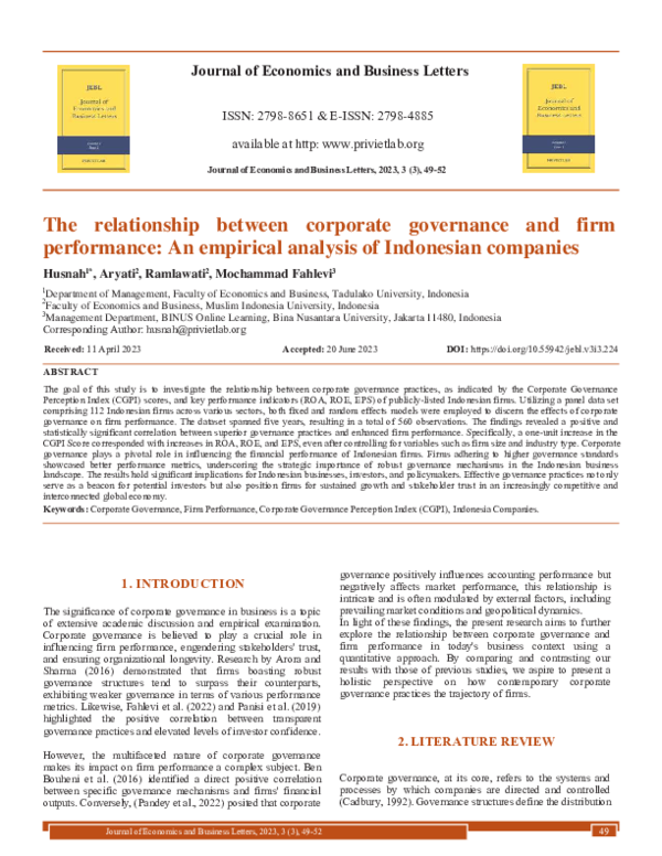 (PDF) The relationship between corporate governance and firm performance: An empirical analysis ...
