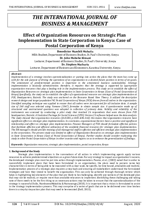 (PDF) Effect of Organization Resources on Strategic Plan Implementation in State Corporation in ...
