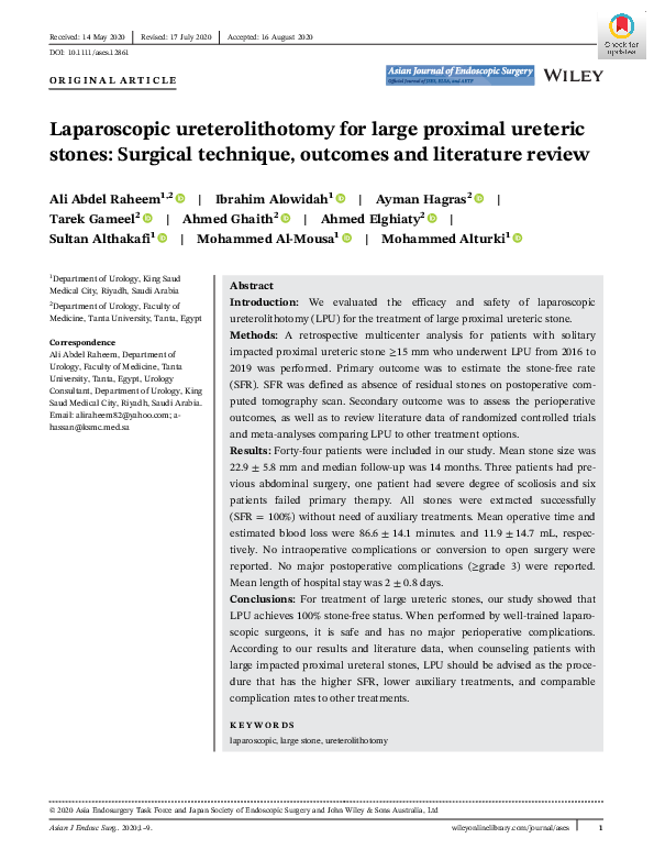 (PDF) Laparoscopic Ureterolithotomy Success for Large Stones