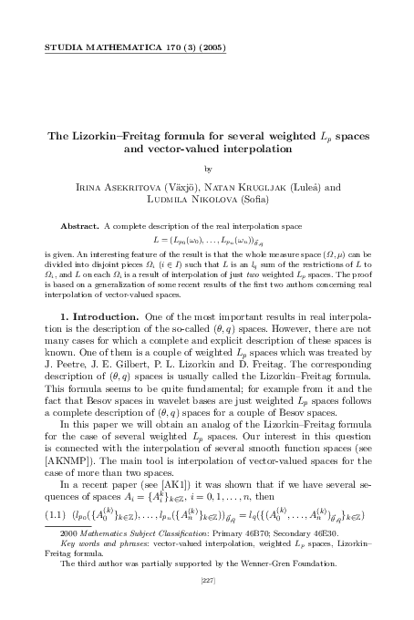 (PDF) The Lizorkin–Freitag formula for several weighted L p spaces and vector-valued interpolation