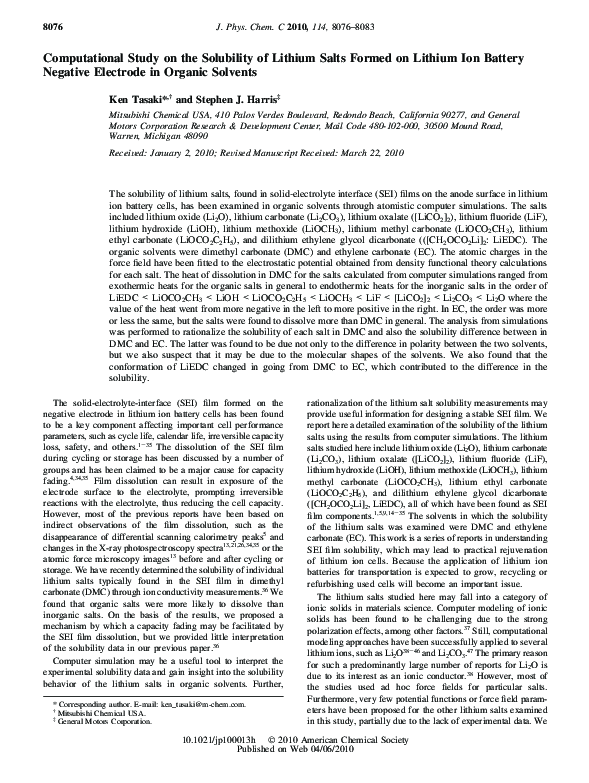 (PDF) Computational Study on the Solubility of Lithium Salts Formed on ...