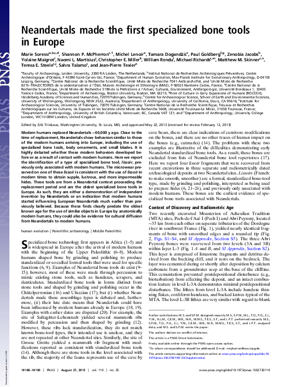 (PDF) Neandertals made the first specialized bone tools in Europe