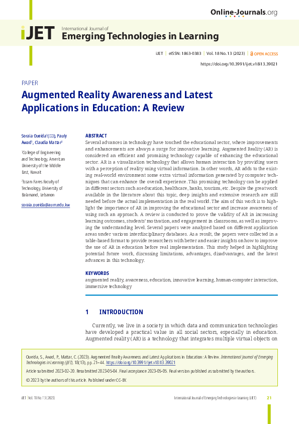(PDF) Augmented Reality Awareness and Latest Applications in Education ...