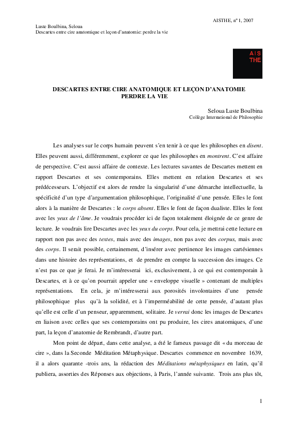 (PDF) Descartes entre cire anatomique et leçon d'anatomie: perdre la vie
