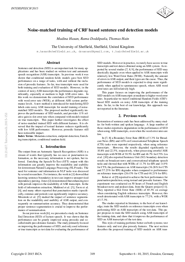 (PDF) Noise-matched training of CRF based sentence end detection models