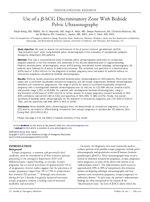 (PDF) Use of a β-hCG Discriminatory Zone With Bedside Pelvic ...