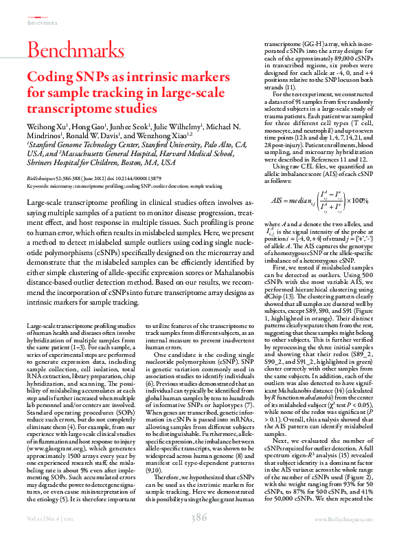 (PDF) Coding SNPs as intrinsic markers for sample tracking in large-scale transcriptome studies