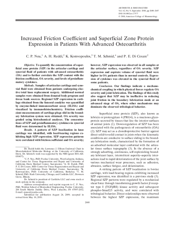 (PDF) Increased friction coefficient and superficial zone protein expression in patients with ...
