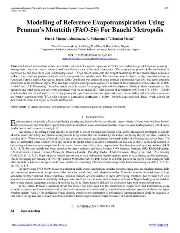 (PDF) Modelling of Reference Evapotranspiration Using Penman’s Monteith ...