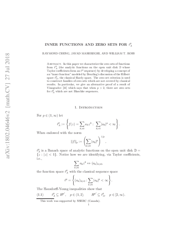 (PDF) Inner functions and zero sets for $\ell ^{p}_{A}$