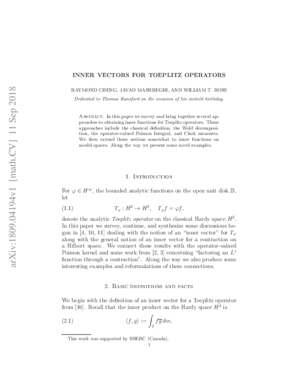 (PDF) Inner vectors for Toeplitz operators