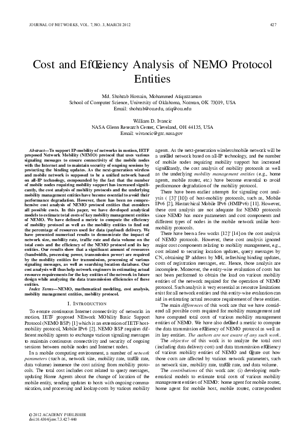 (PDF) Cost and Efficiency Analysis of NEMO Protocol Entities | Mohammed Atiquzzaman - Academia.edu