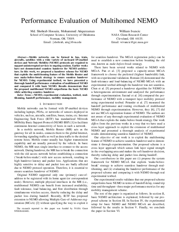 (PDF) Performance evaluation of multihomed NEMO | Mohammed Atiquzzaman - Academia.edu