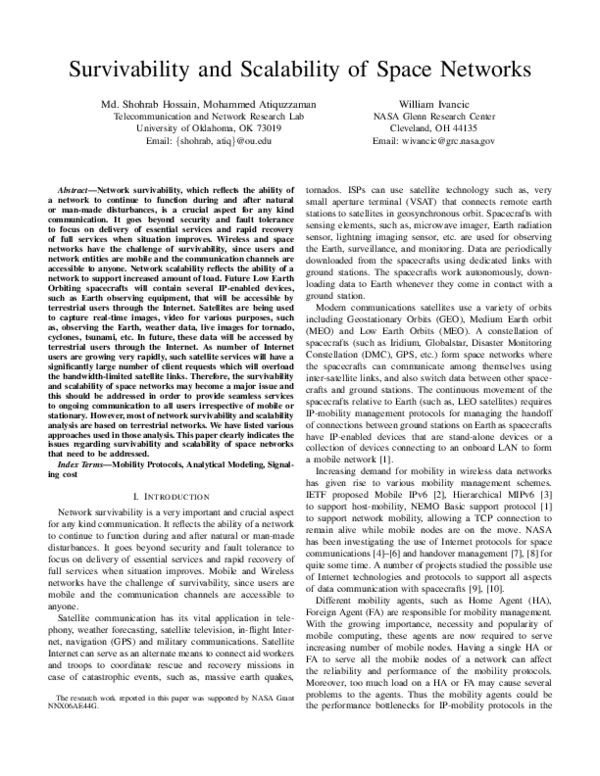 (PDF) Survivability and scalability of space networks: a survey