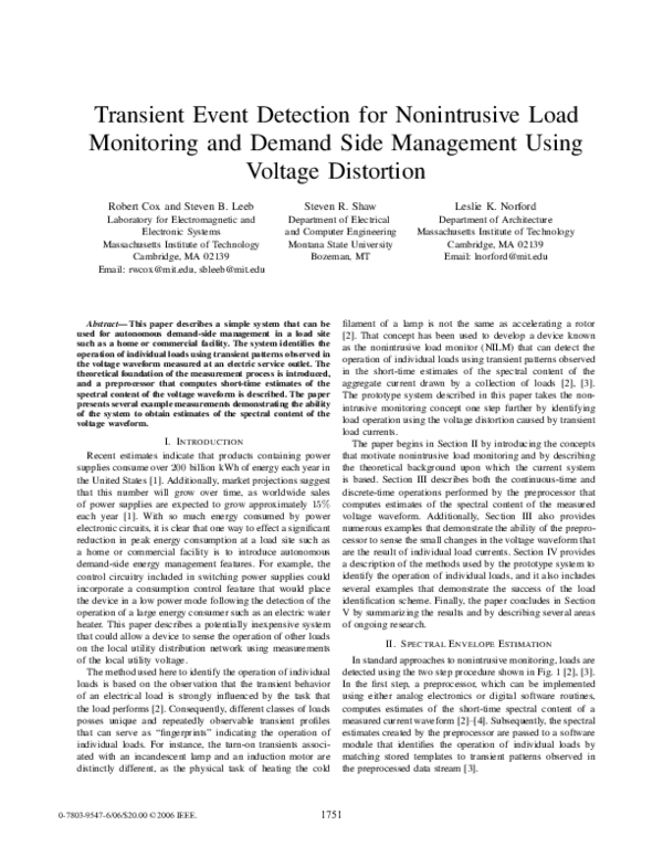 Pdf Transient Event Detection For Nonintrusive Load Monitoring And