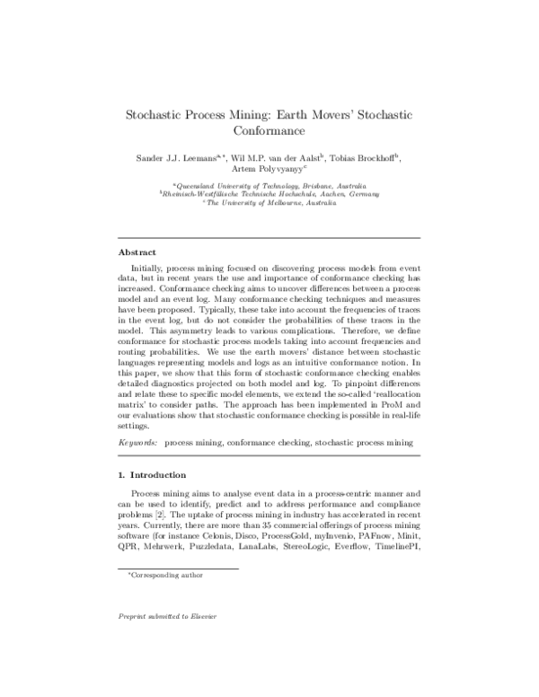 (PDF) Stochastic Process Mining: Earth Movers' Stochastic Conformance
