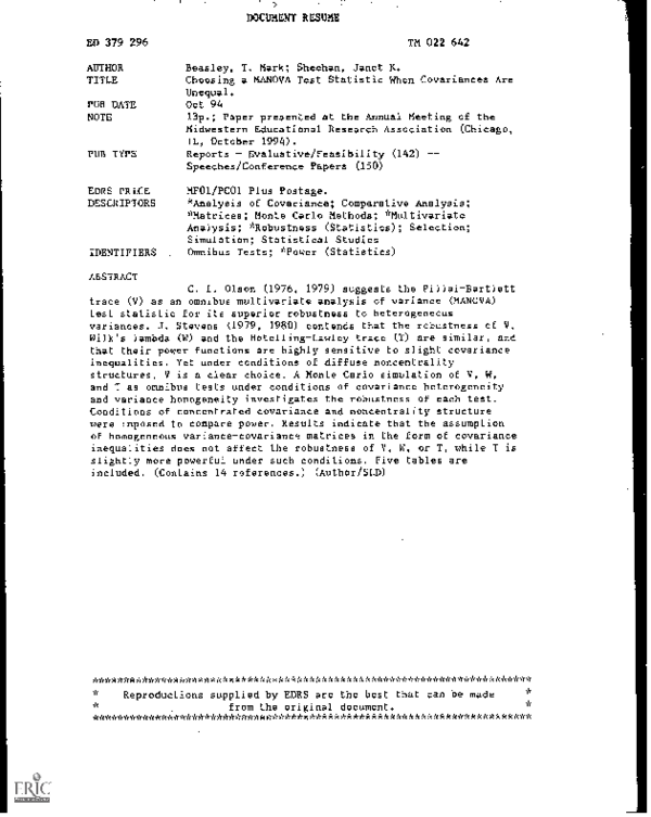 (PDF) Choosing a MANOVA Test Statistic When Covariances Are Unequal