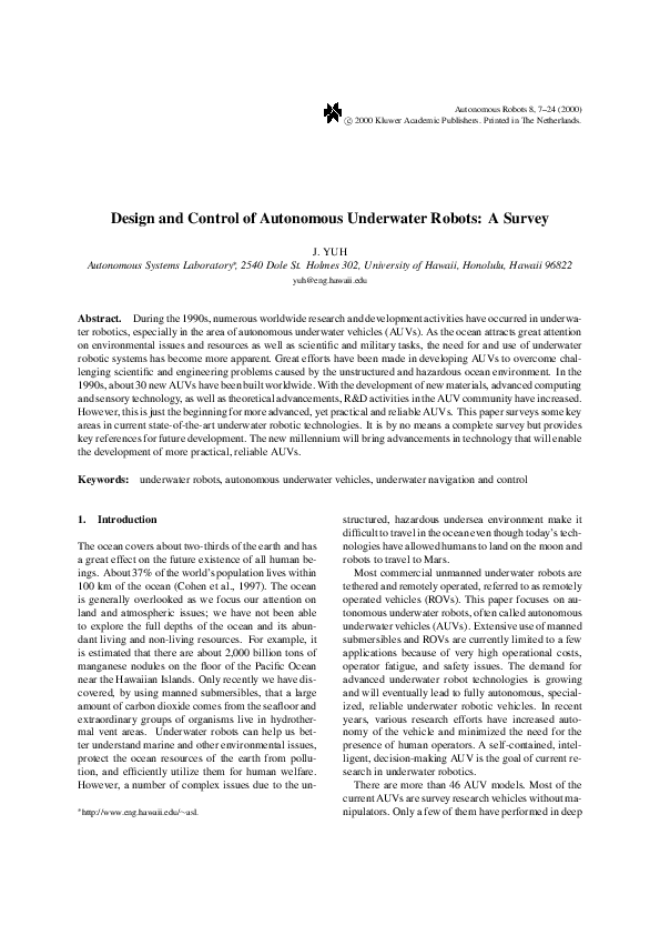 (PDF) Design and Control of Autonomous Underwater Robots: A Survey