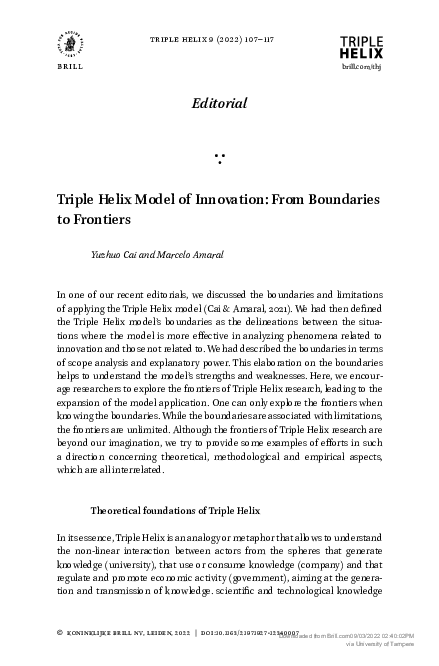 (PDF) Triple Helix Model of Innovation From Boundaries to Frontiers