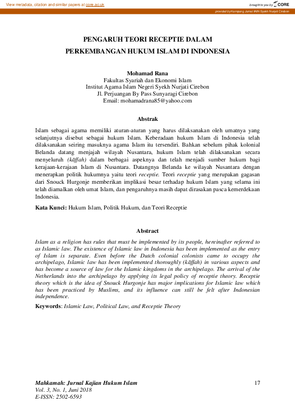 Pdf Pengaruh Teori Receptie Dalam Perkembangan Hukum Islam Di Indonesia 