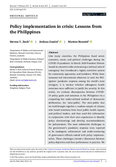 (PDF) Policy implementation in crisis: Lessons from the Philippines