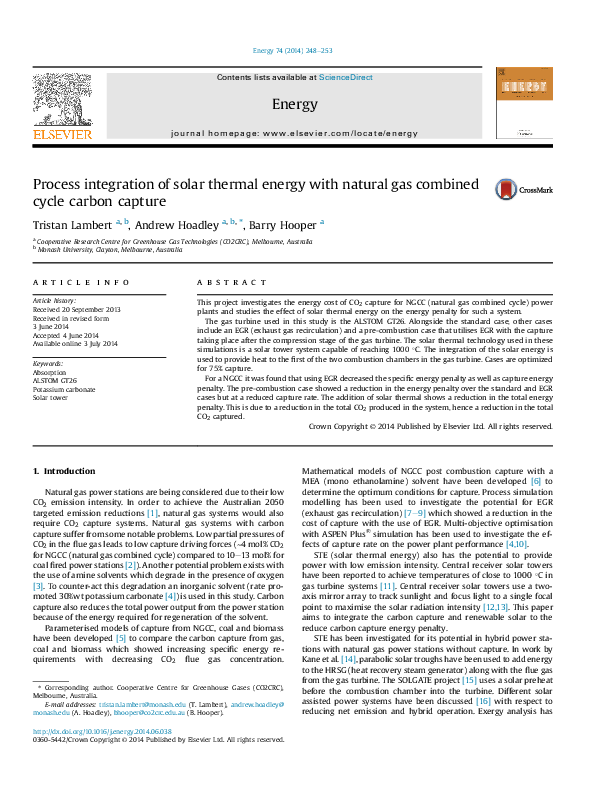 (PDF) Process integration of solar thermal energy with natural gas combined cycle carbon capture