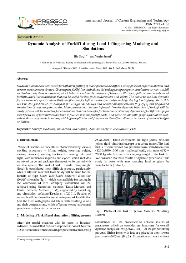 (PDF) Dynamic Analysis of Forklift during Load Lifting using Modeling and Simulations